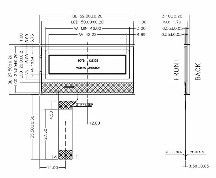128X32 COG Dot matrix LCD display module FSTN Transflective 128X32 COG Dot matrix LCD display module FSTN Transflective